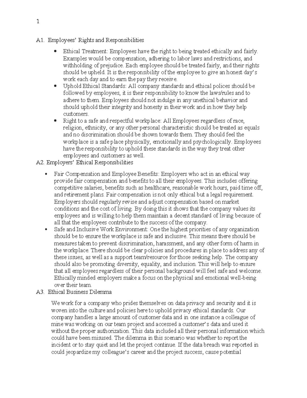 C717 stu - A1. Employees’ Rights and Responsibilities Ethical Treatment ...