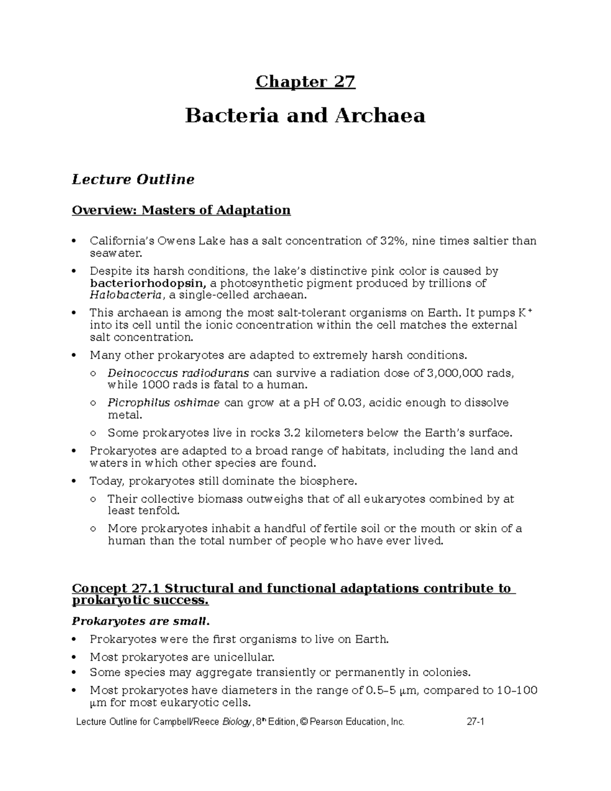 Chapter 27 bio - Chapter 27 Bacteria and Archaea Lecture Outline Overview: Masters of Adaptation ...