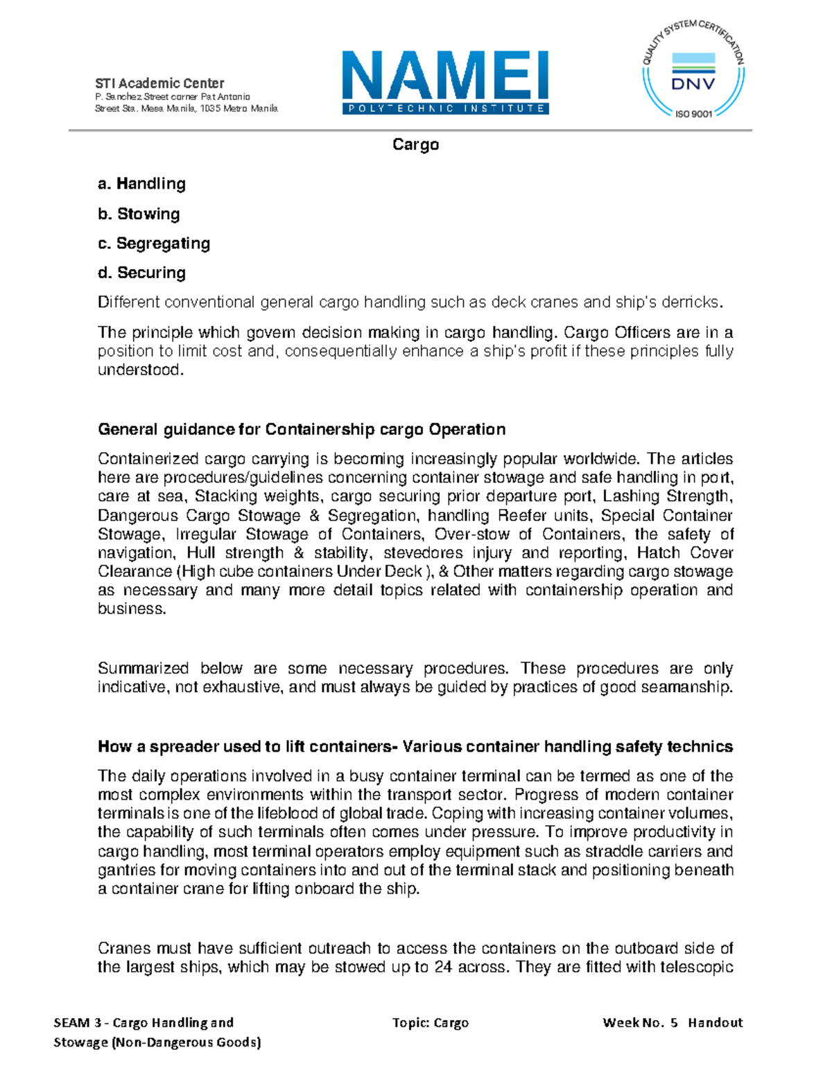 SEAM 3 - week 5 - Cargo - SEAM 3 - Cargo Handling and Topic: Cargo Week ...
