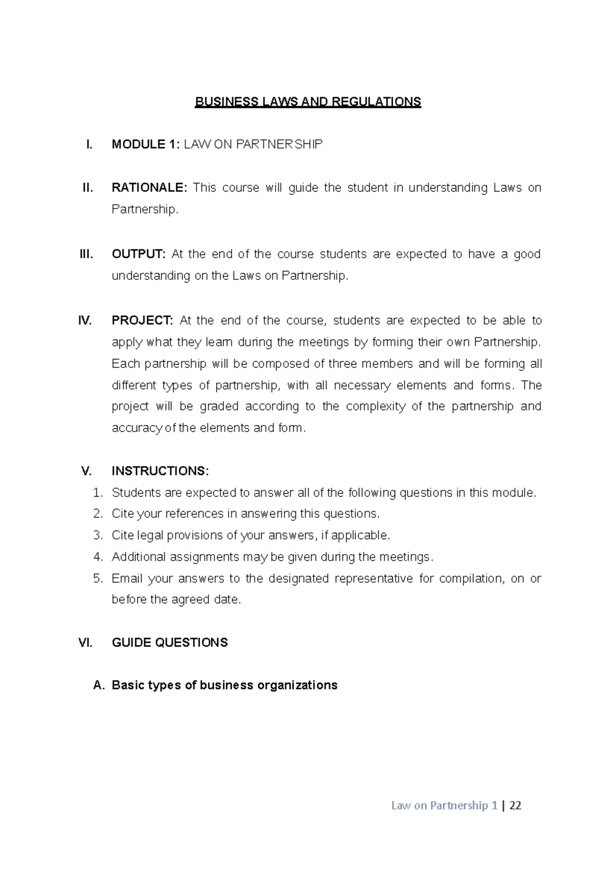 Business Laws Regulations Module 1 Partnership - Law on Partnership 1 ...