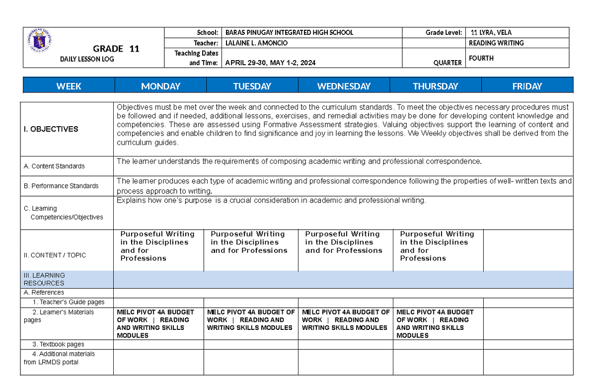Amoncio MAY WEEK1 4Q Reading Writing - GRADE 11 DAILY LESSON LOG School ...