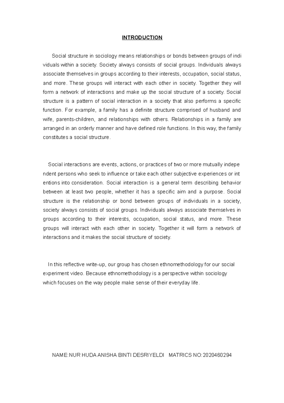 LIB101 Writting Report HUDA - INTRODUCTION Social structure in ...