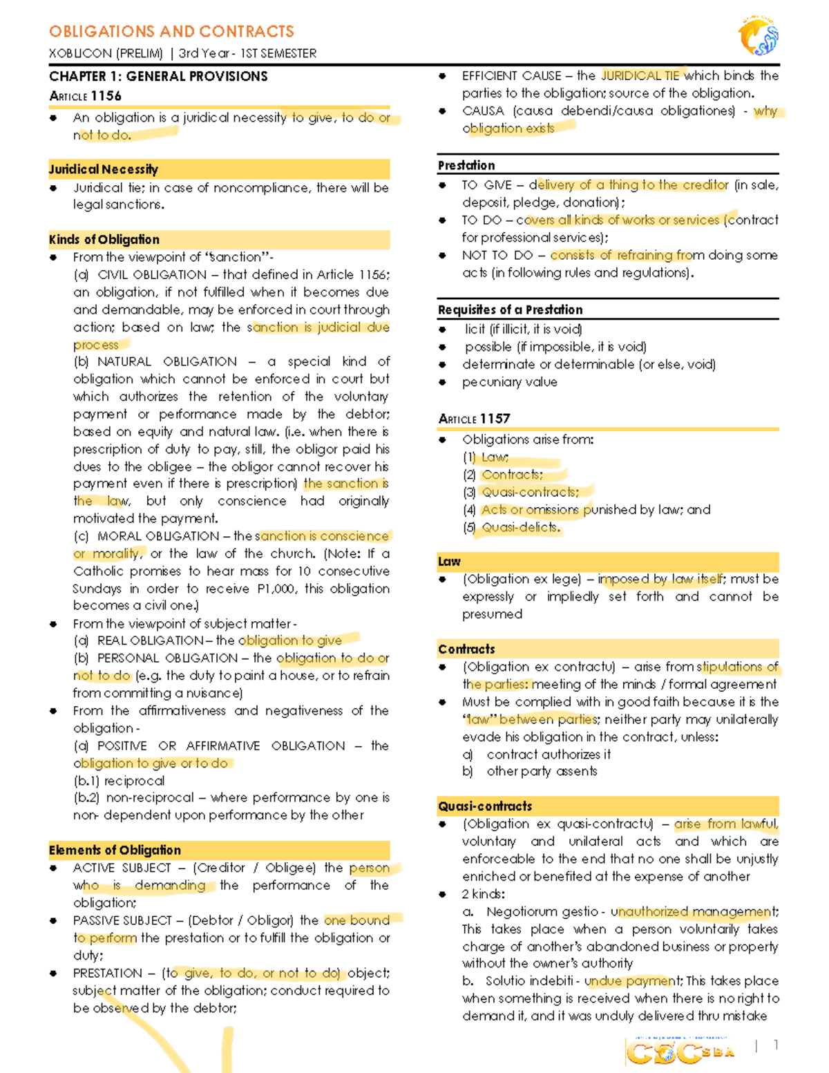 Obligation and contract law reviewer - XOBLICON (PRELIM) | 3rd Year - 1ST SEMESTER CHAPTER 1 ...