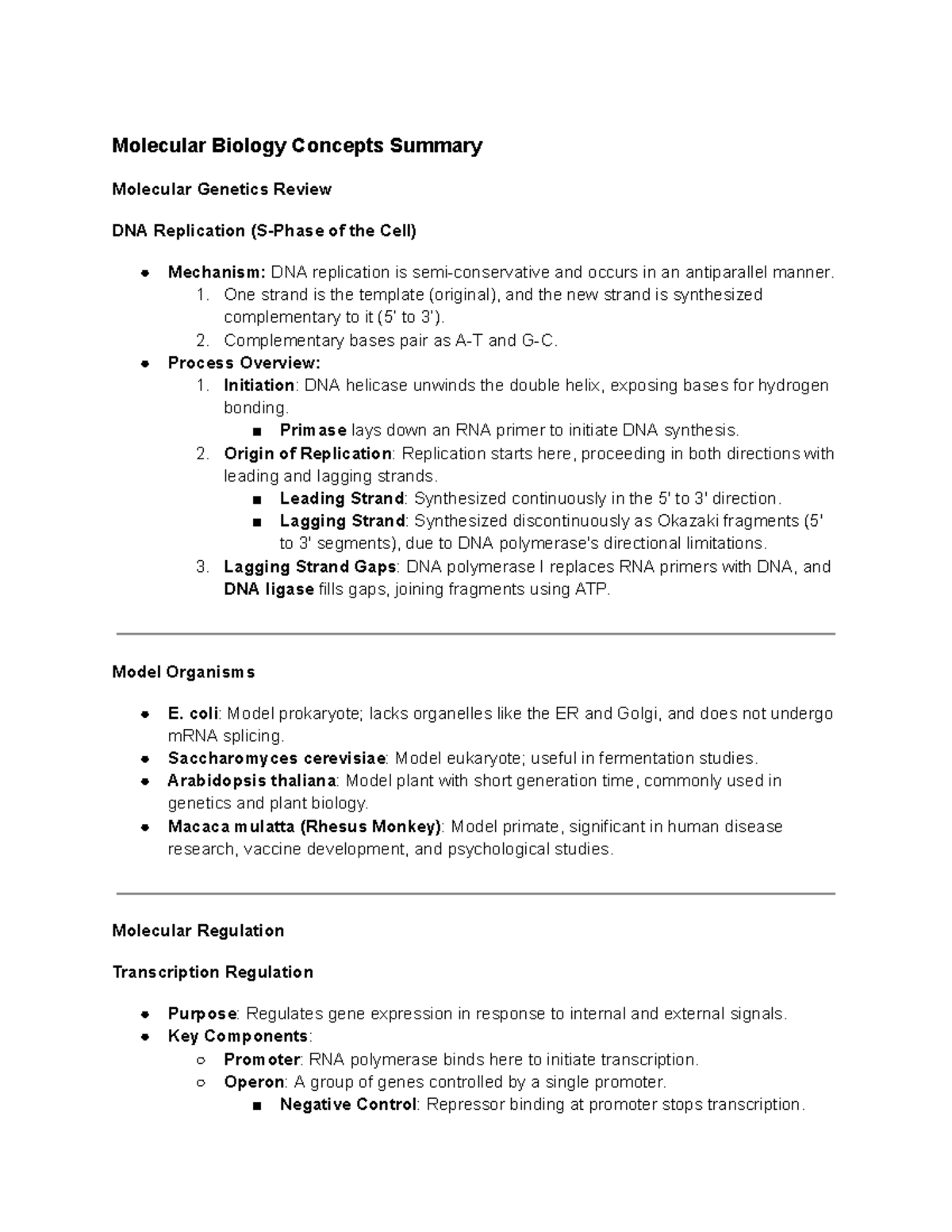 Molecular Biology Concepts Summary - BIOL1004 - ANU - Studocu