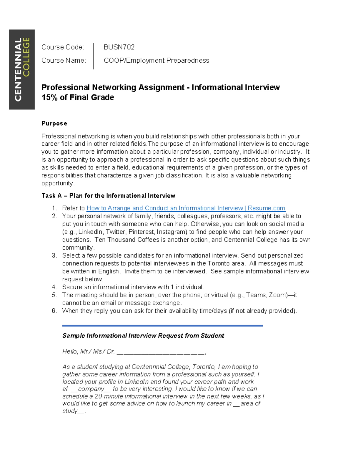Professional Networking Assignment with Rubric - Course Code: BUSN Course Name: COOP/Employment ...