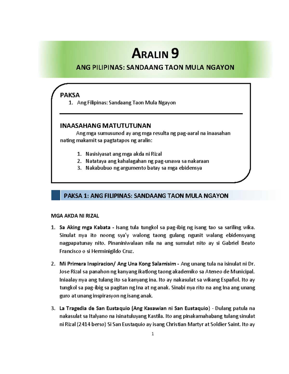 Rizal-Aralin 9 - MGA AKDA NI RIZAL 1. Sa Aking mga Kabata - Isang tula tungkol sa pag-ibig ng ...