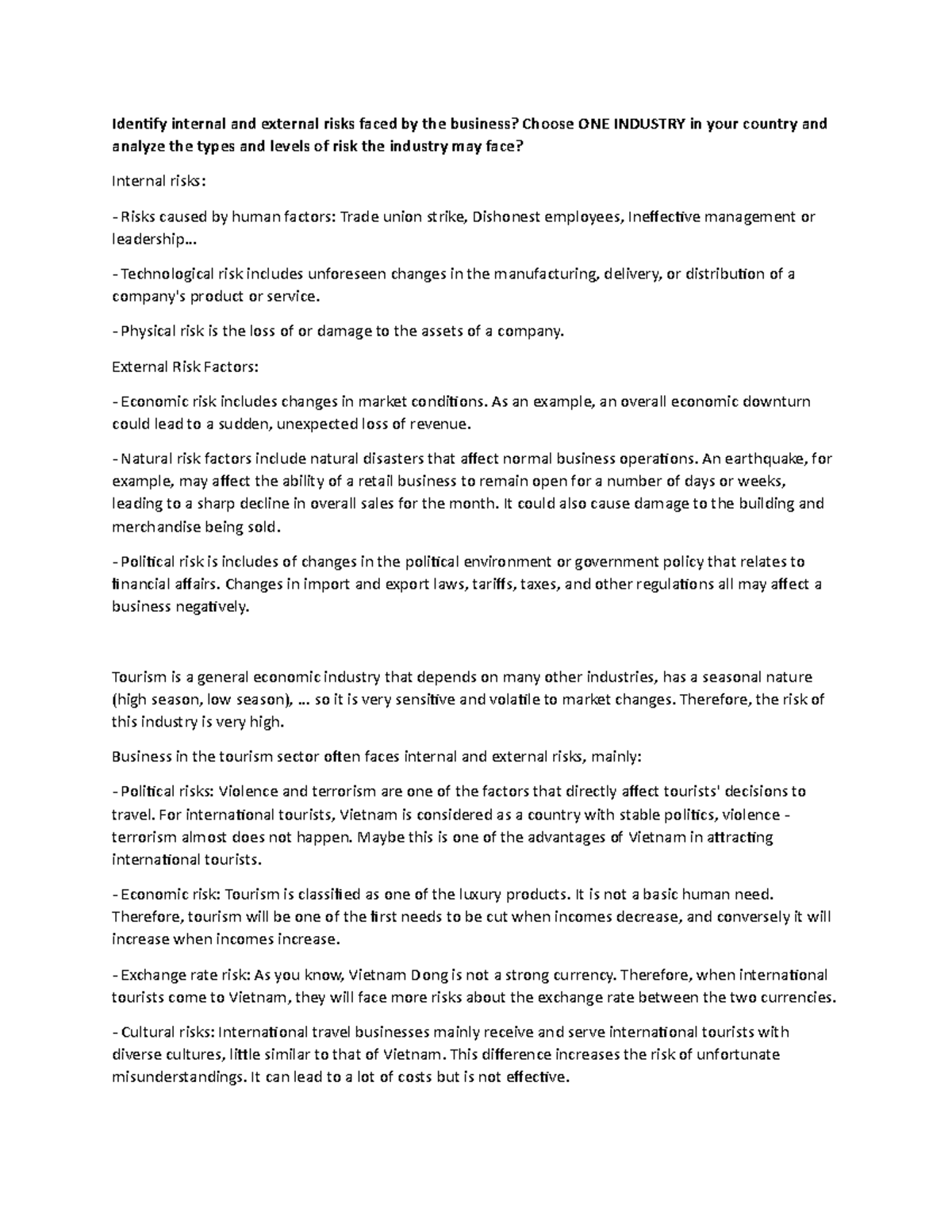 Identify internal and external risks faced by the business ...