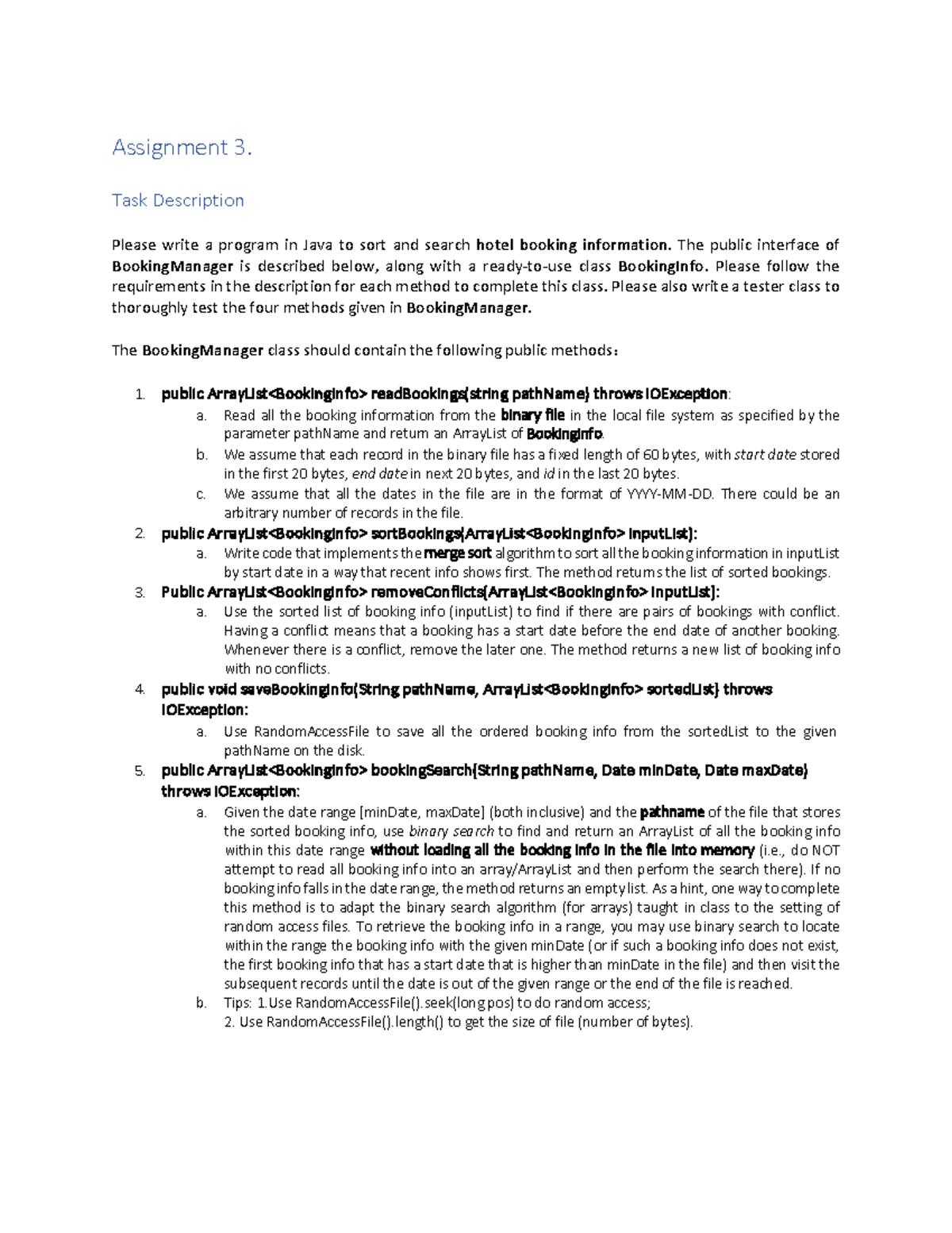 Assignment 3 - Task Description Please write a program in Java to sort and search hotel booking ...