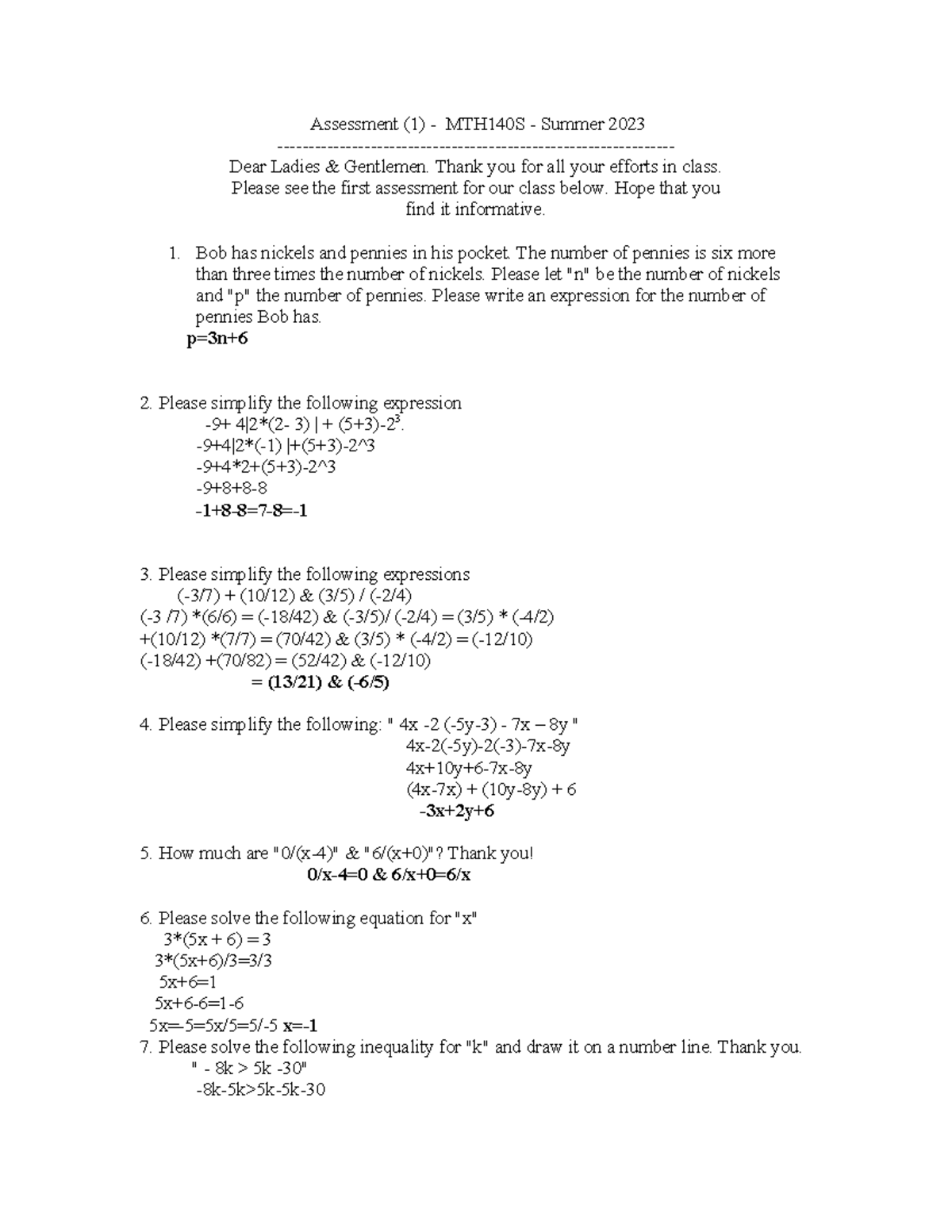 Math test answers for equations and formulas - Assessment (1) - MTH140S ...