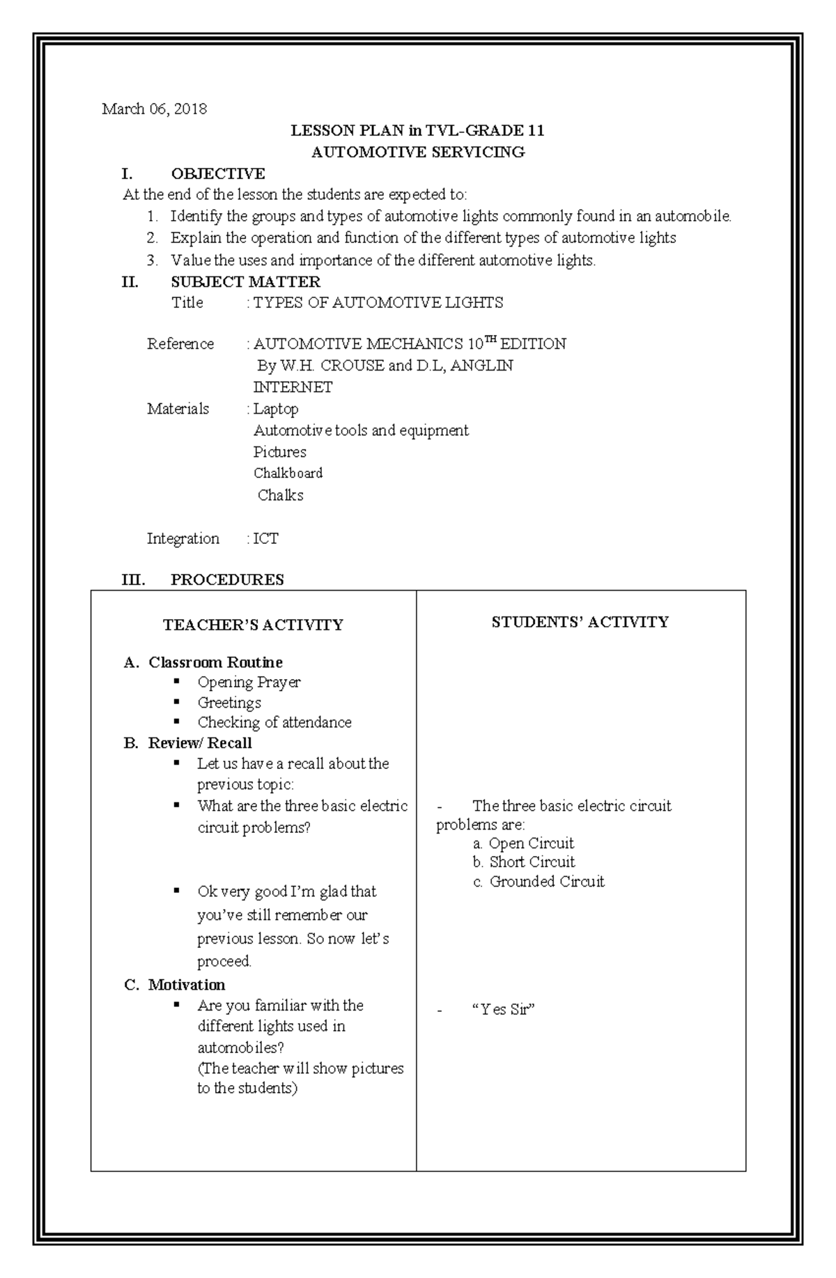 Lesson Plan Automotive - March 06, 2018 LESSON PLAN in TVL-GRADE 11 ...