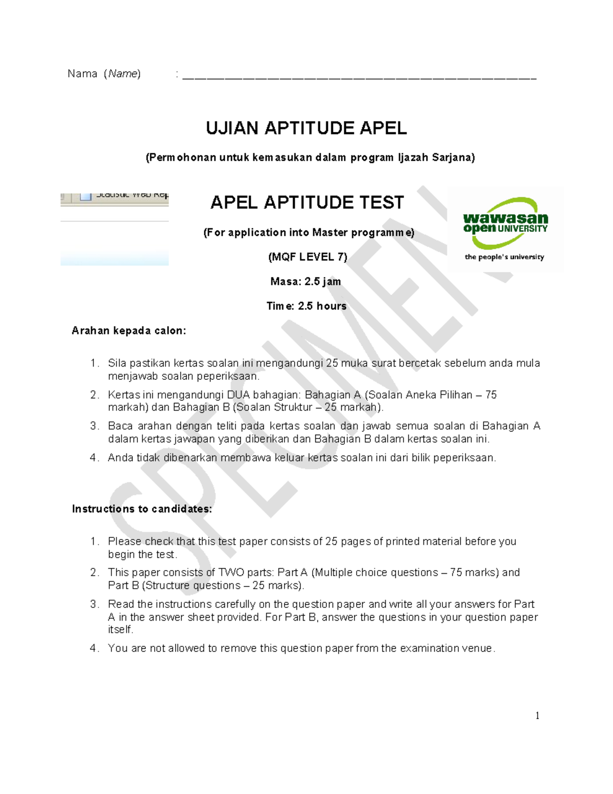 Specimen question Master - UJIAN APTITUDE APEL (Permohonan untuk ...