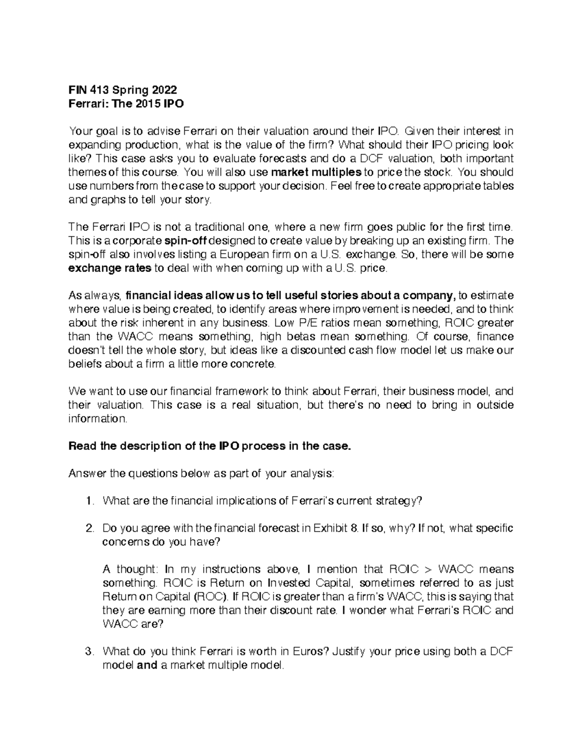 Case #8 - Ferrari IPO Instructions - FIN 413 Spring 2022 Ferrari: The ...