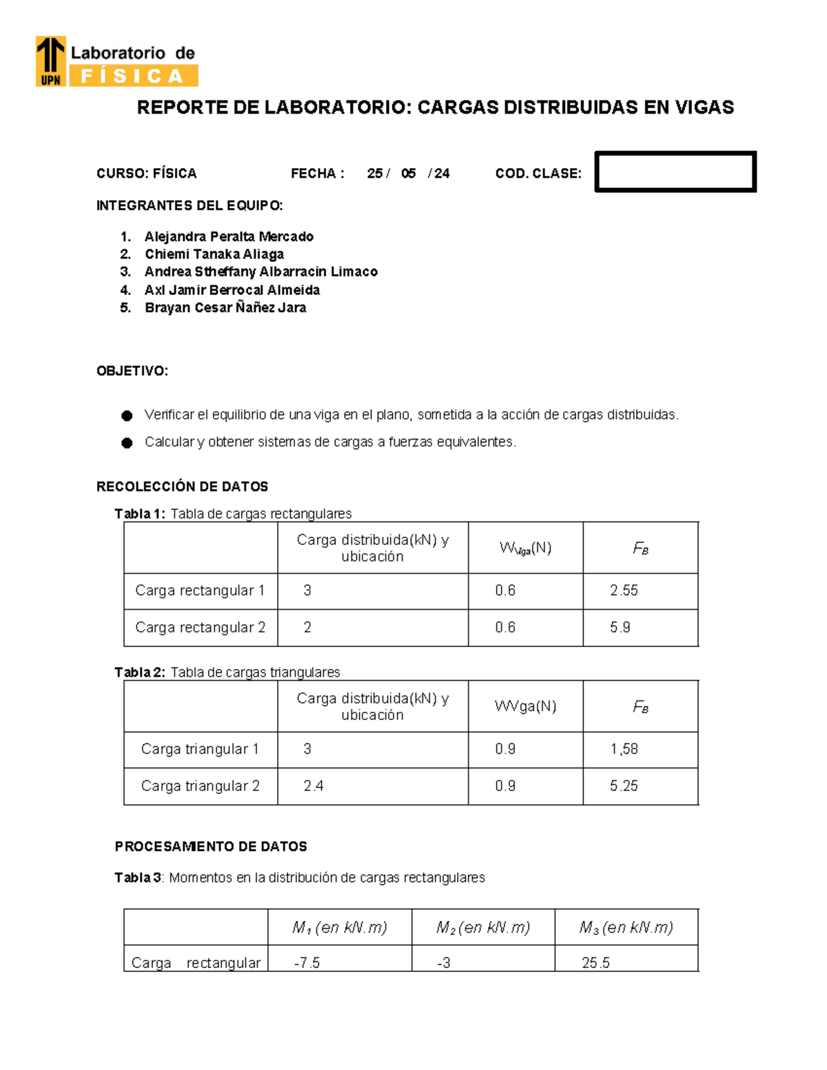 Reporte LAB Fisiarq S09 CDV 2024 - REPORTE DE LABORATORIO: CARGAS DISTRIBUIDAS EN VIGAS CURSO ...