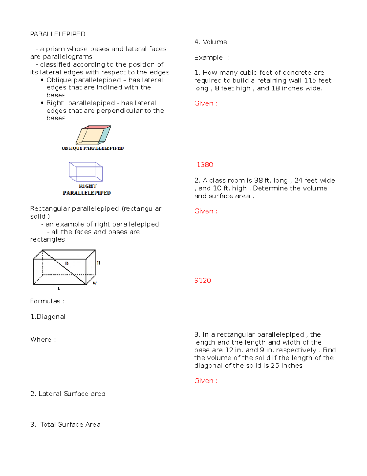 Parallelepiped - Solid Figures - PARALLELEPIPED a prism whose bases and ...