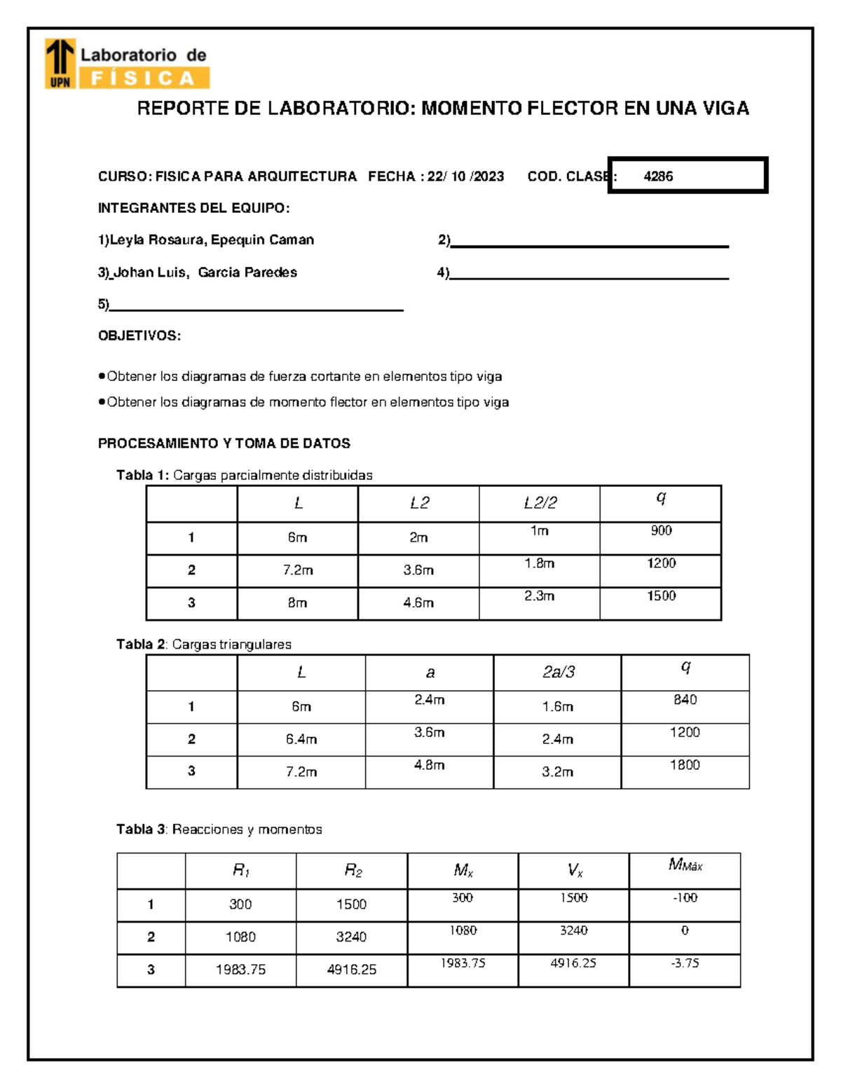 Reporte LAB Fisiarq S10 MF - REPORTE DE LABORATORIO: MOMENTO FLECTOR EN UNA VIGA CURSO: FISICA ...