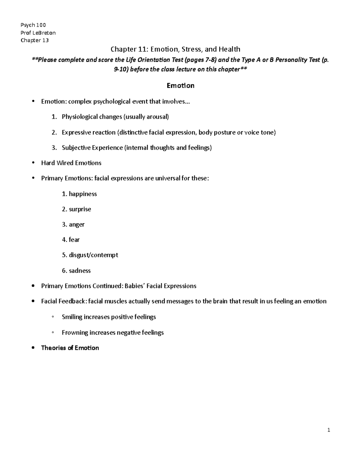 Psych 100 Unit 13 - Prof LeBretonChapter 13 Chapter 11: Emotion, Stress ...