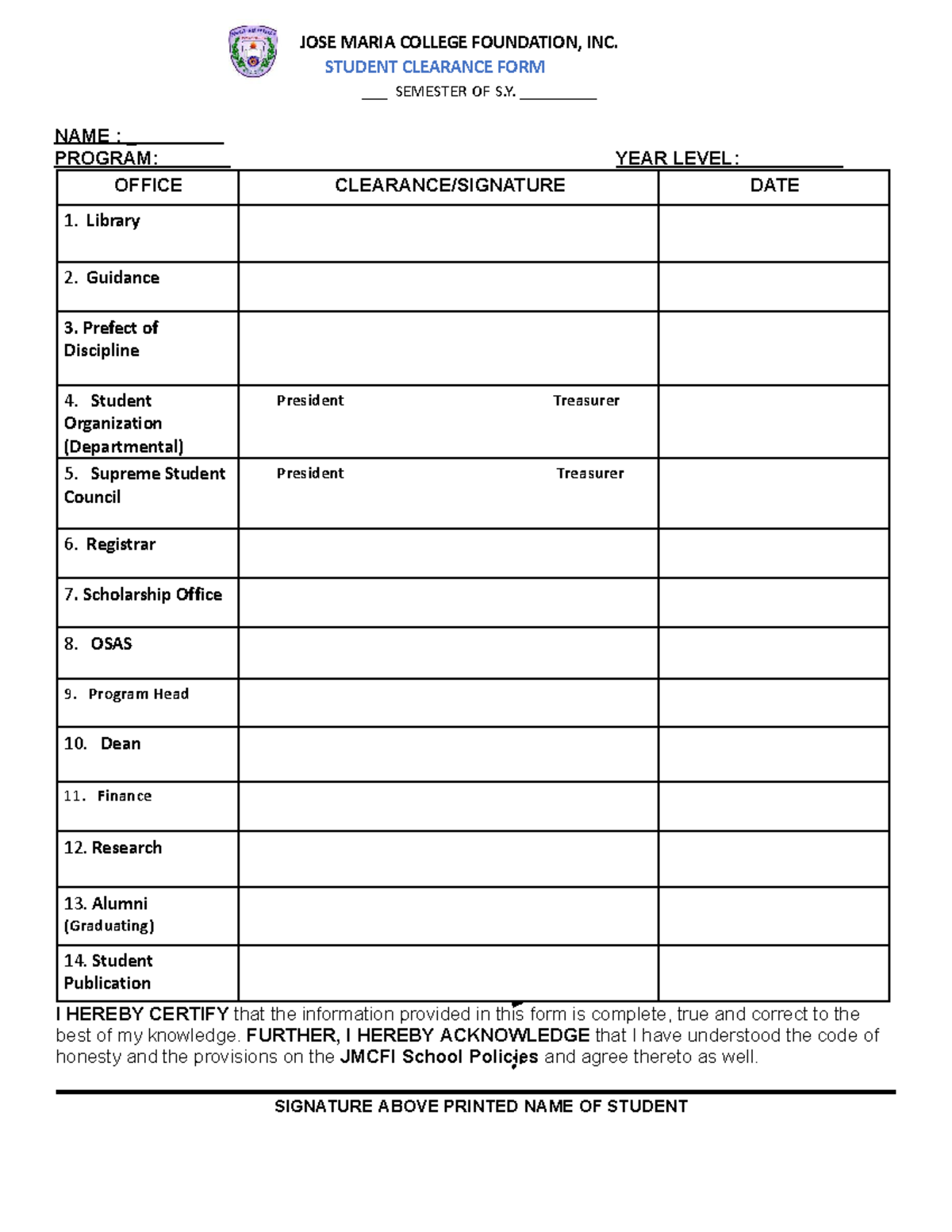 Clearance FORM College Updated - JOSE MARIA COLLEGE FOUNDATION, INC ...