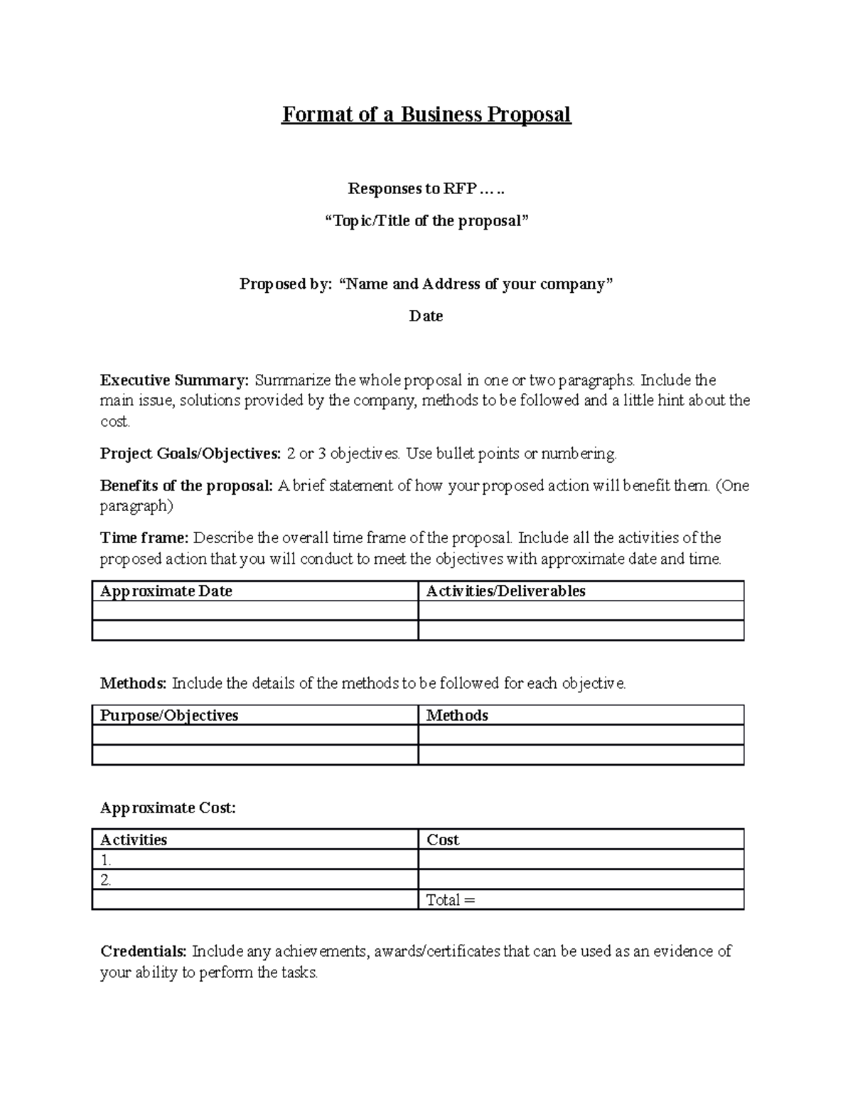 Format of a Business Proposal - Format of a Business Proposal Responses ...
