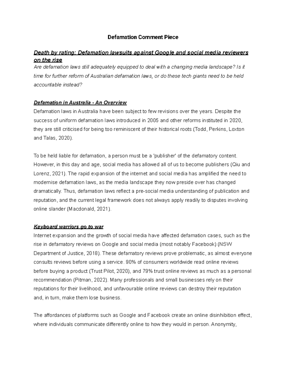 Final comment piece - Defamation Comment Piece Death by rating ...
