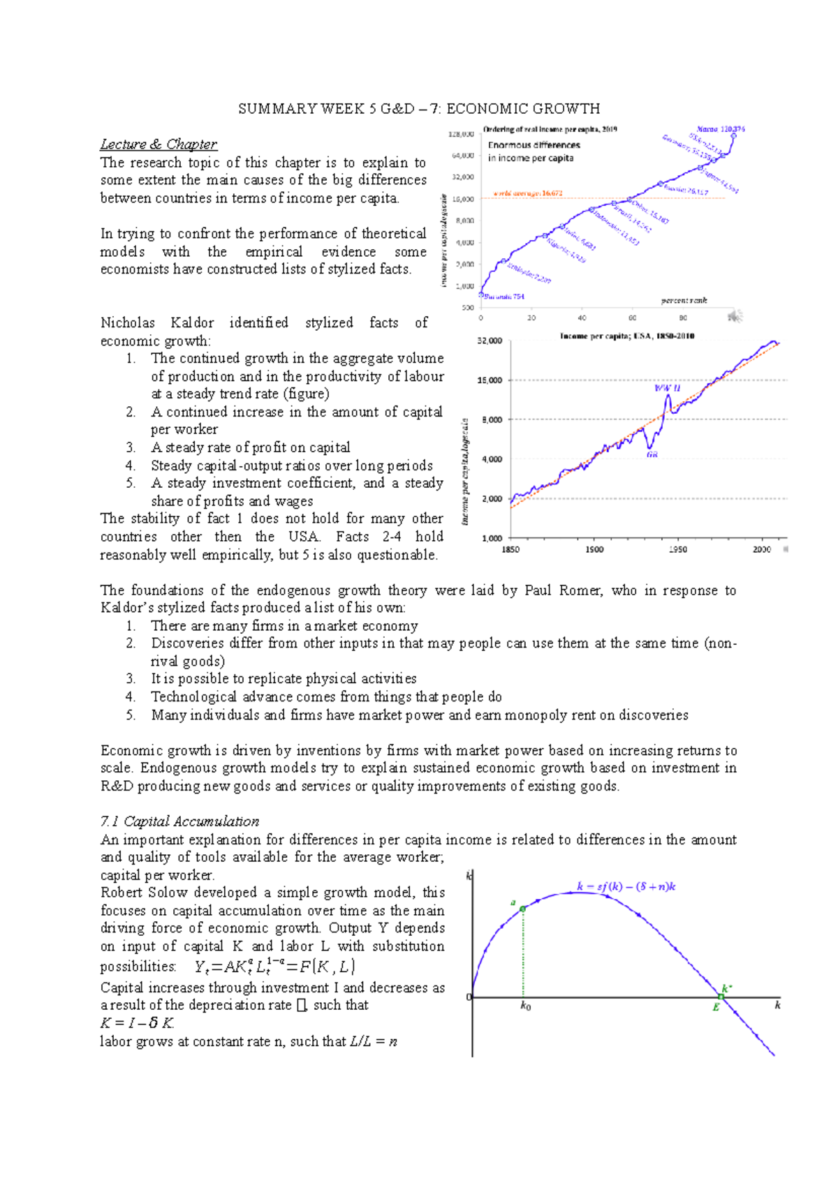 Summary week 5 - economic growth - SUMMARY WEEK 5 G&D – 7: ECONOMIC GROWTH Lecture & Chapter ...