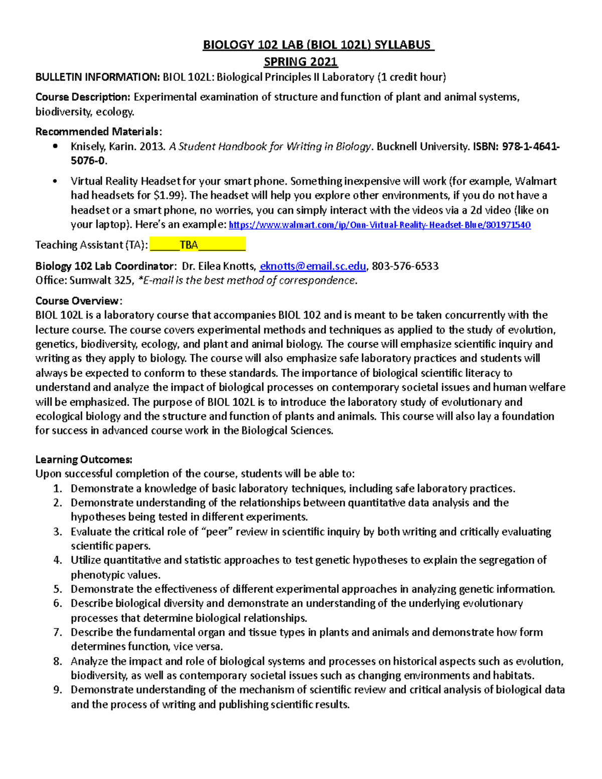 BIOL 102 Lab Syllabus Spring 2021 - BIOLOGY 102 LAB (BIOL 102L) SYLLABUS SPRING 2021 BULLETIN ...
