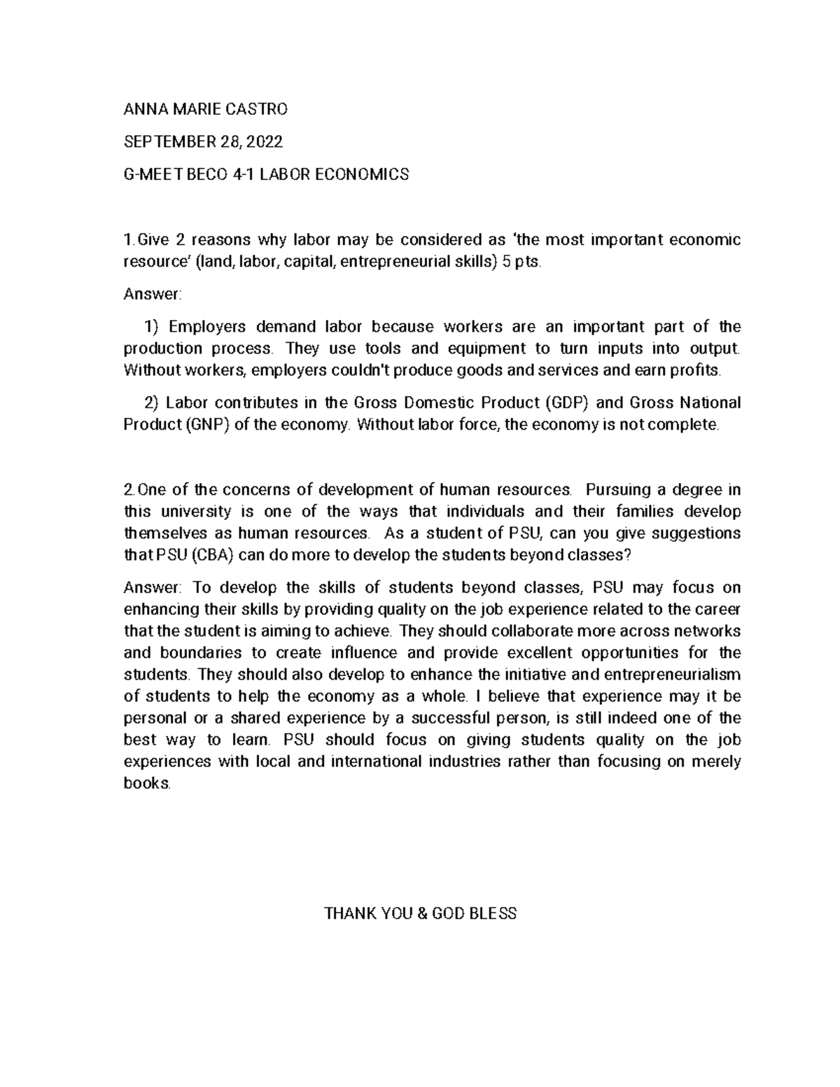 QUIZ Assignment 1 - ANNA Marie Castro - Labor ECON - ANNA MARIE CASTRO SEPTEMBER 28, 2022 G-MEET ...