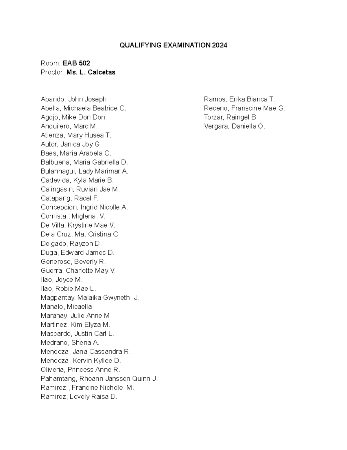 Room Assignment QE 2024 - Room: EAB 502 Proctor: Ms. L. Calcetas Abando, John Joseph Ramos ...