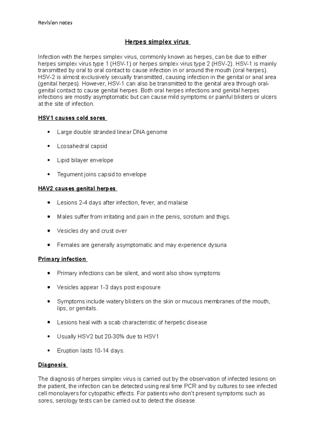 Herpes simplex virus notes - Revision notes Herpes simplex virus ...
