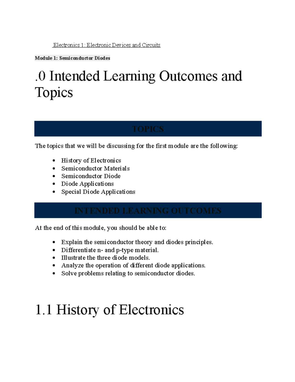 Module Semiconductor - Lecture notes 1 - Electronics 1: Electronic ...