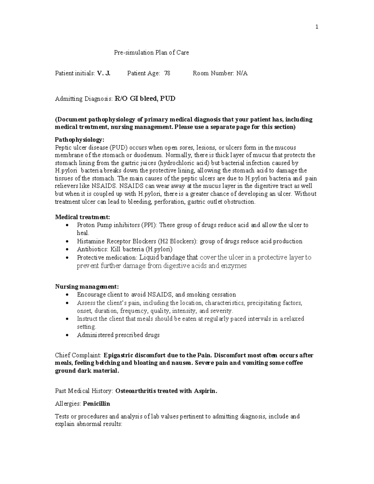 Pre-simulation care plan GI for lab work - Pre-simulation Plan of Care ...