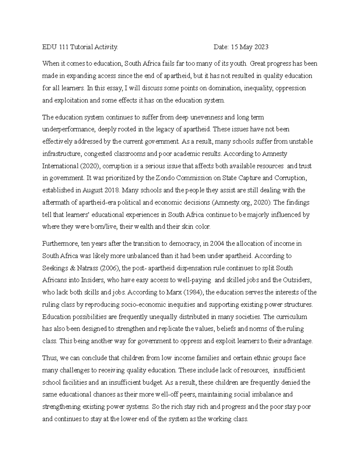 EDU 111 Assignment 3 - EDU 111 Tutorial Activity. Date: 15 May 2023 ...