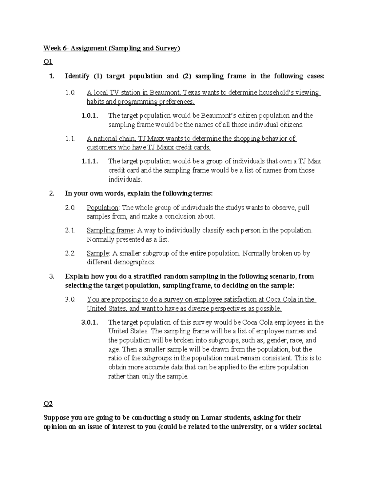 Week 6- Assignment (Sampling and Survey) - Identify (1) target population and (2) sampling frame ...