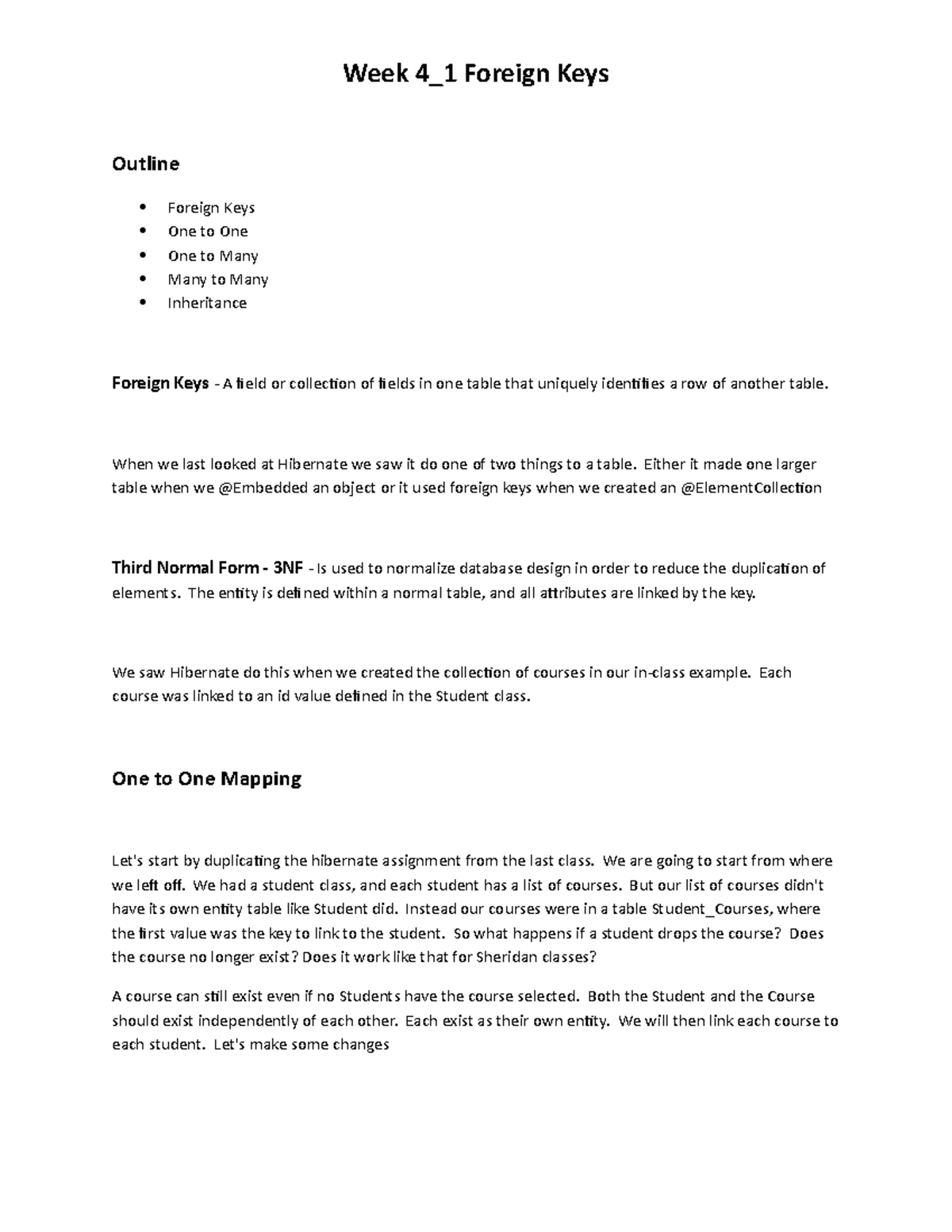 Week 4_1 Foreign Keys - Week 4_1 Foreign Keys Outline Foreign Keys One ...