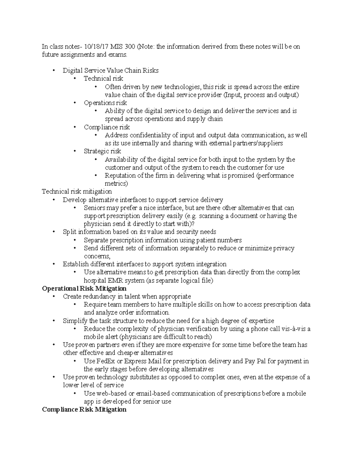 MIS - Lecture notes In class notes. - In class notes- 10/18/17 MIS 300 ...