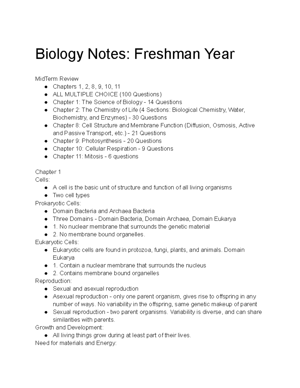 Copy of Biology Notes - Biology Notes: Freshman Year MidTerm Review ...