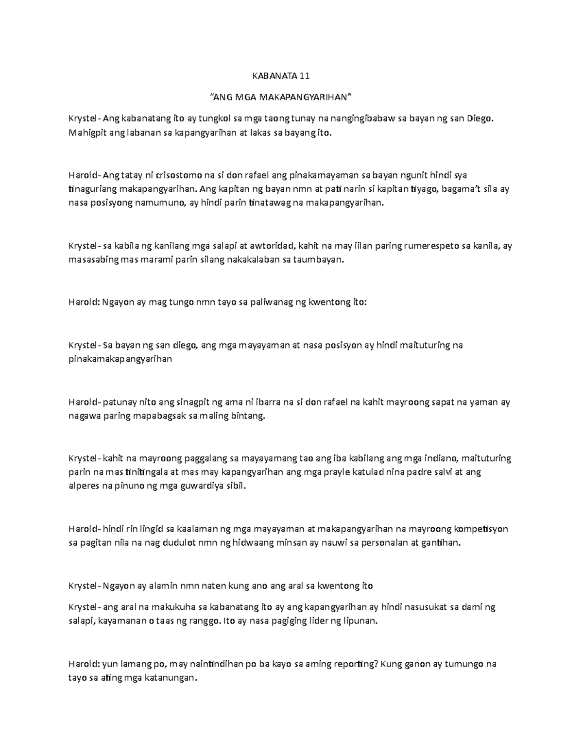 Filipino-Reporting - Report - “ANG MGA MAKAPANGYARIHAN”KABANATA 11 ...
