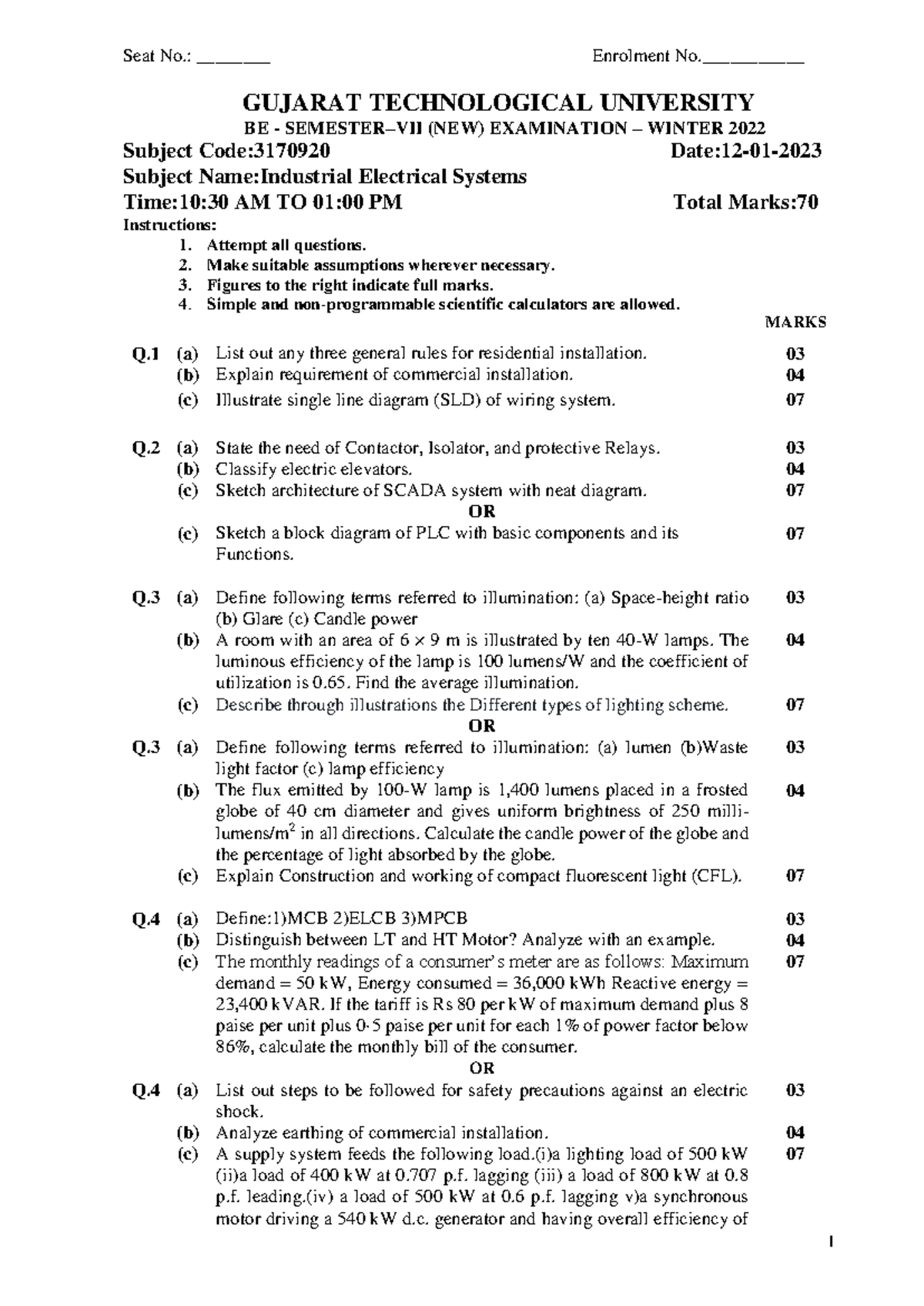 3170920 - previous semester paper for gtu exam. - 1 Seat No ...