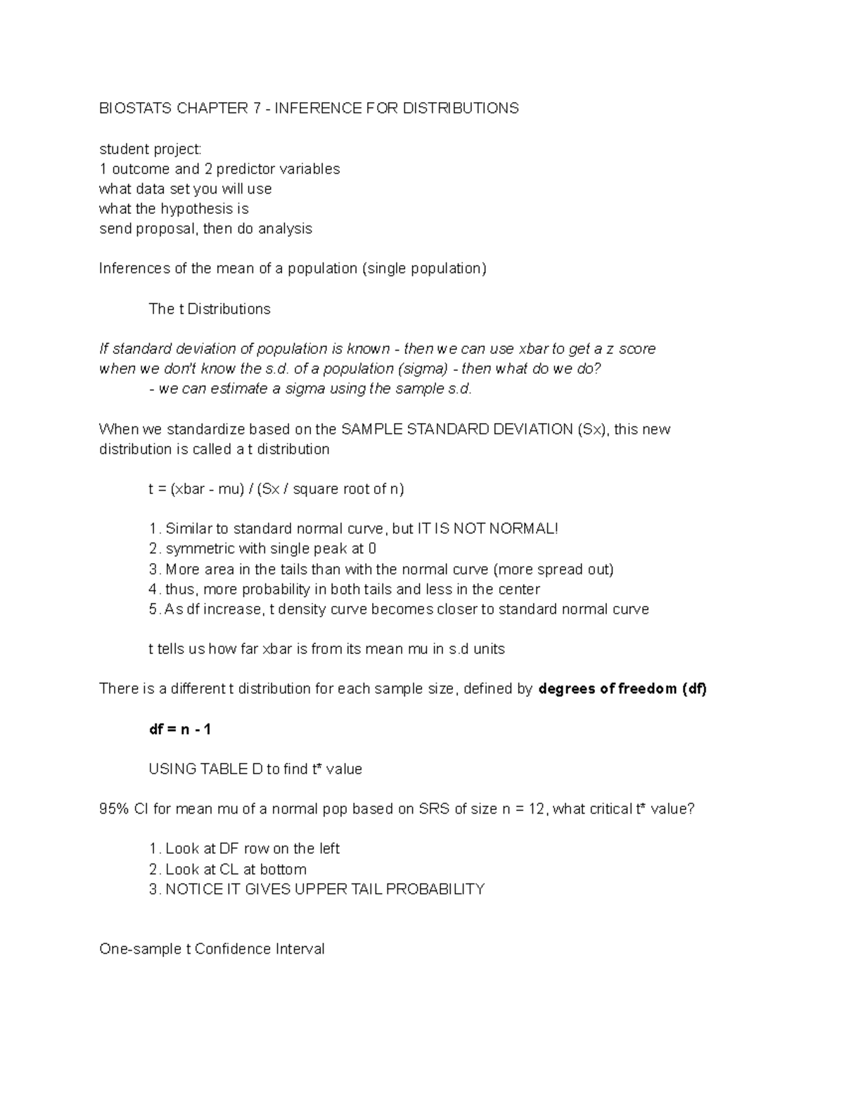 Biostats Chapter 7 - Inference For Distributions - BIOSTATS CHAPTER 7 ...