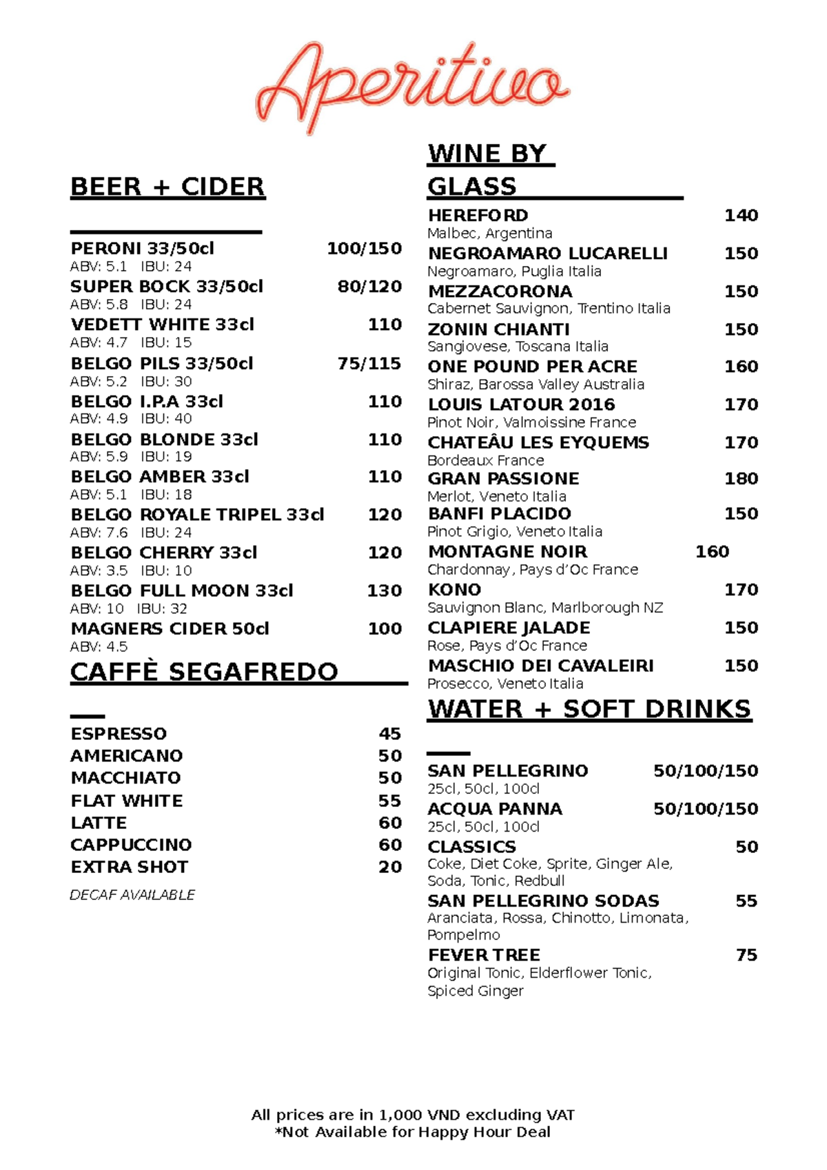 Aperitivo Drink Menu - 2021 - BEER + CIDER PERONI 33/50cl 100/ ABV: 5 ...