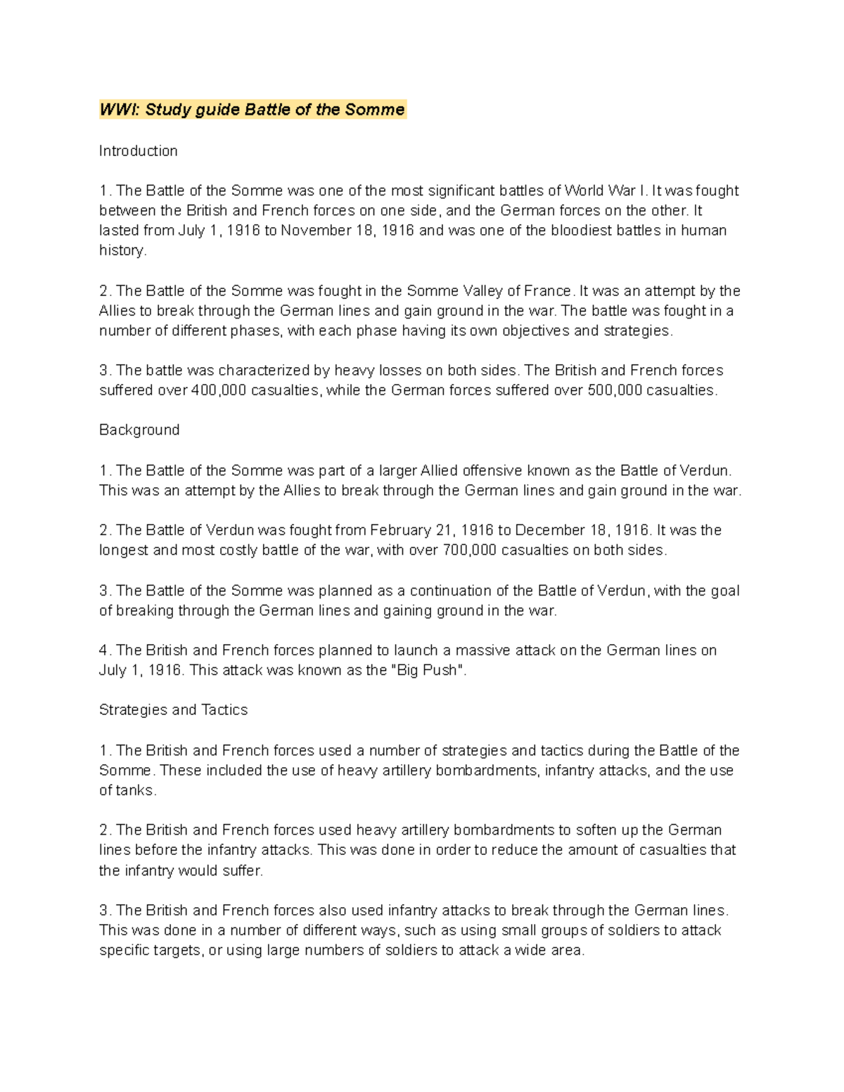 Study Guide Battle of the Somme - WWI: Study guide Battle of the Somme ...