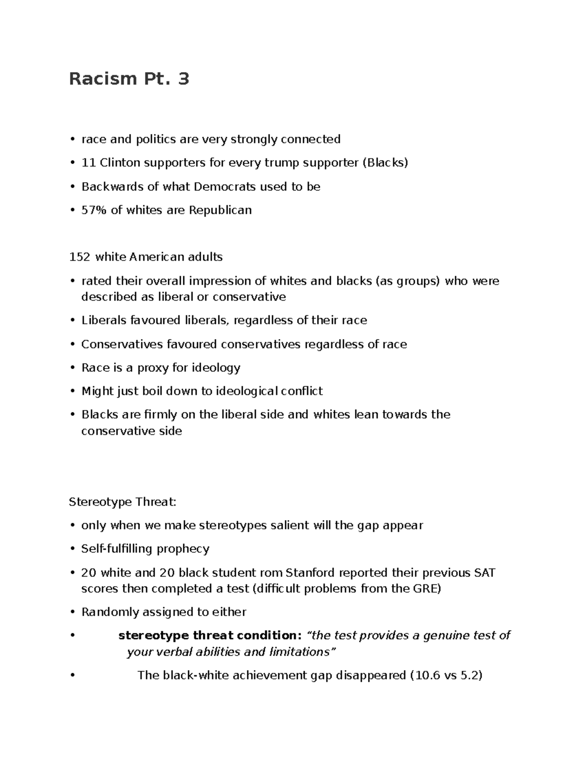 Racism Pt 3 - Lecture notes 11 - Racism Pt. 3 race and politics are ...