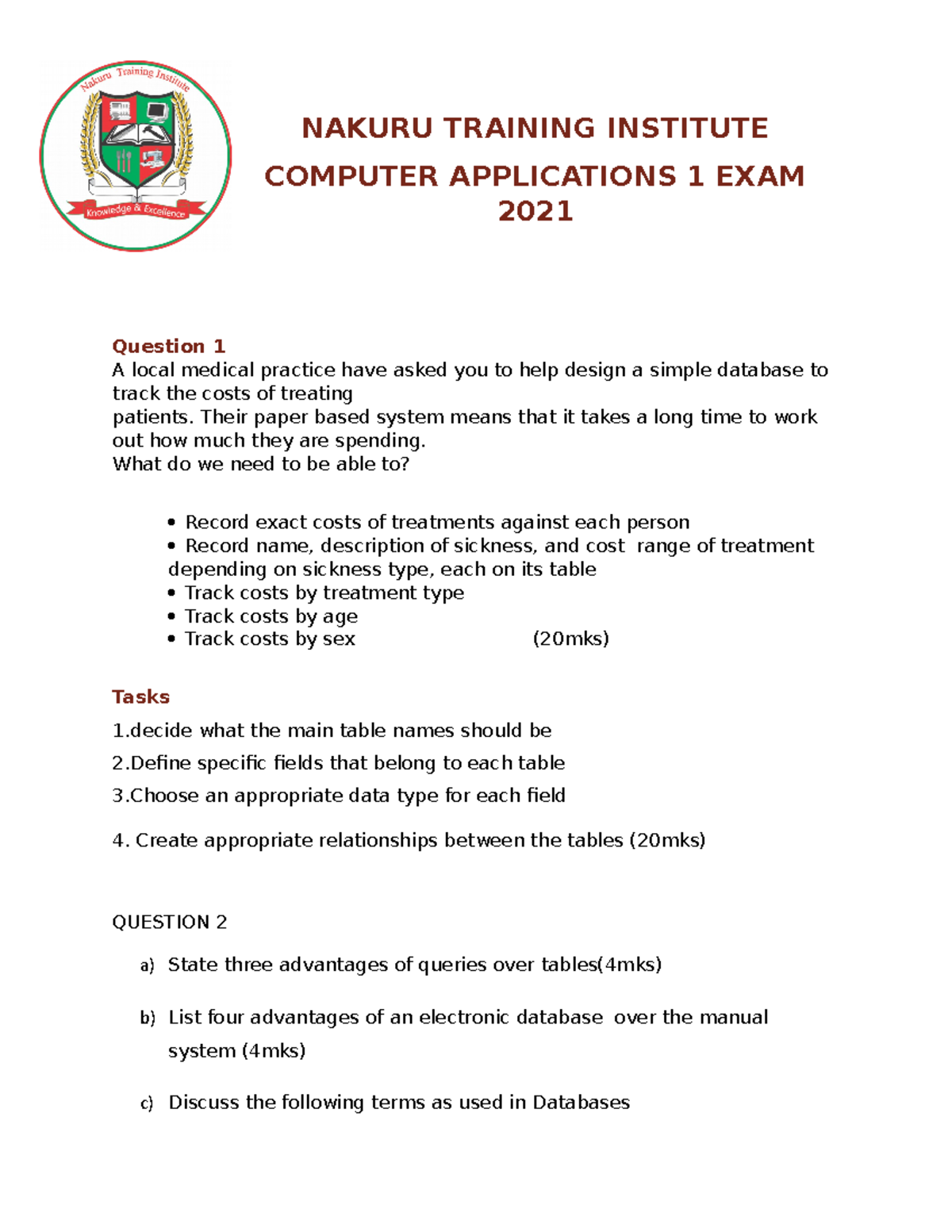 Access EXAM February Class - NAKURU TRAINING INSTITUTE COMPUTER ...