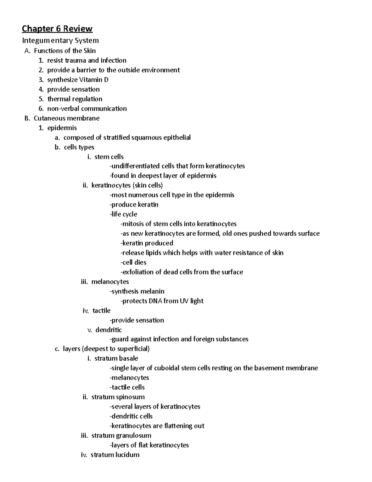 BIO231 Exam 2 Review Notes - Chapter 6 Review Integumentary System A ...