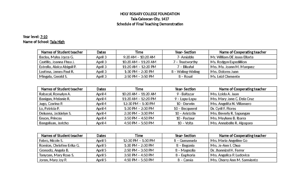 Final Teaching Demo Schedule of THS - HOLY ROSARY COLLEGE FOUNDATION ...