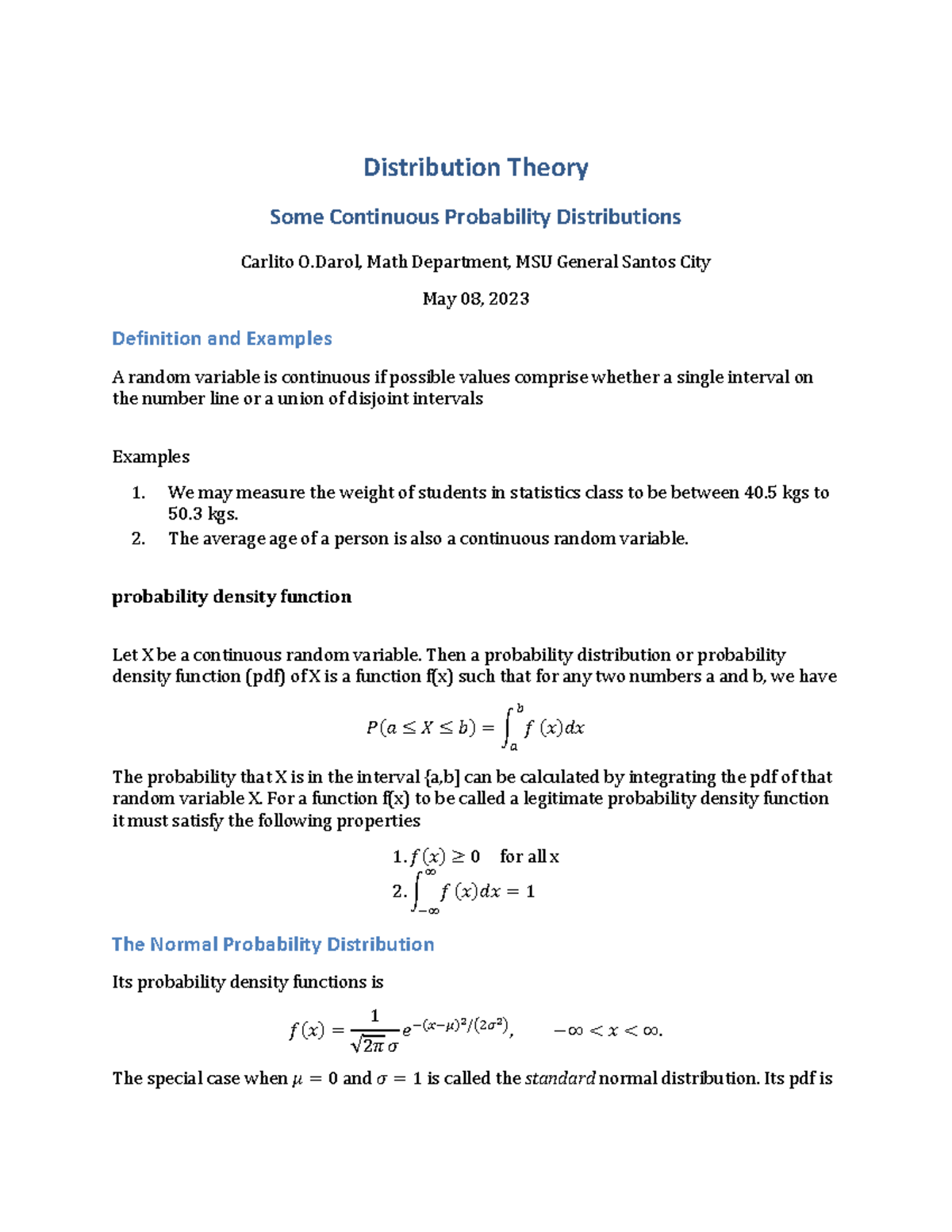 Continuous-Probability-Distributions - Distribution Theory Some ...