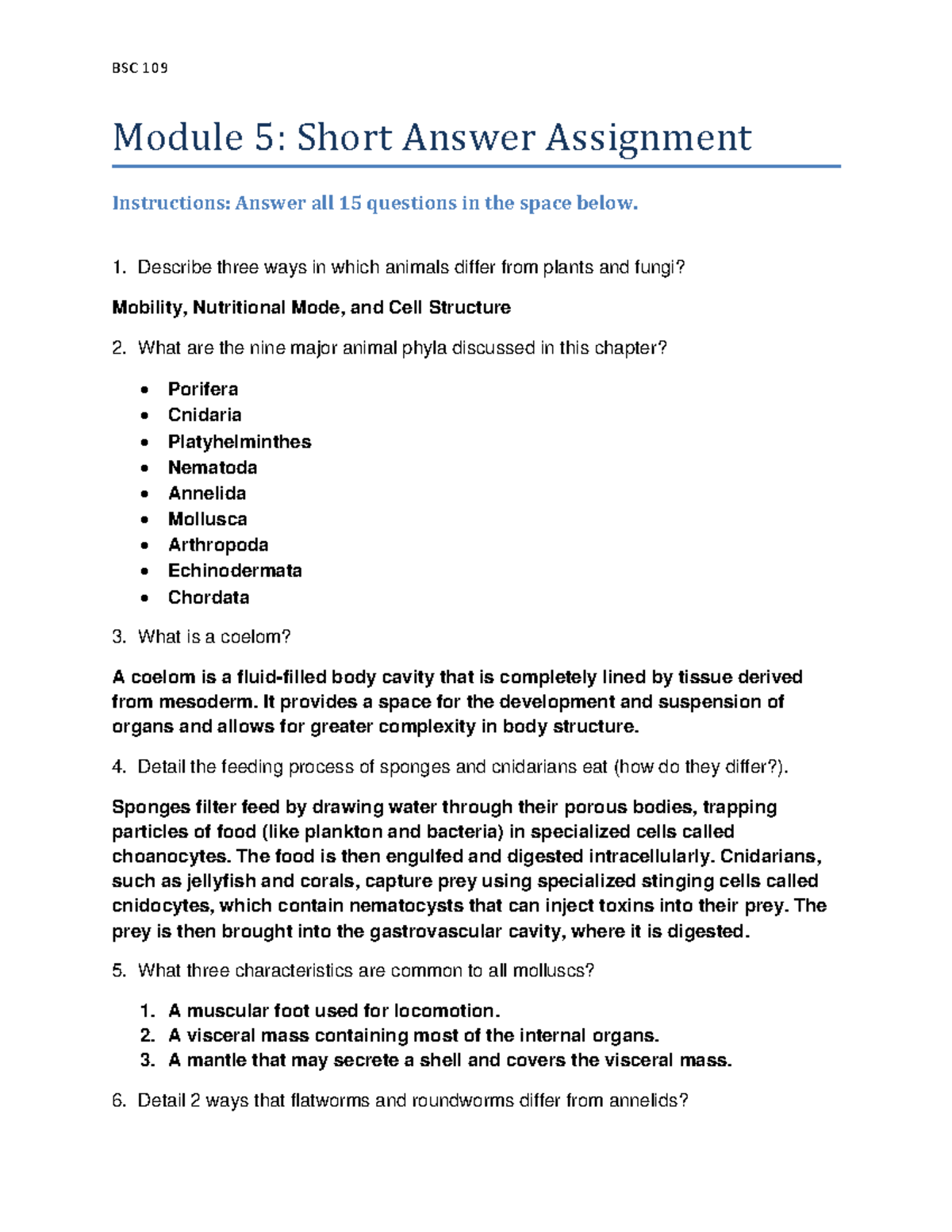 BIO Module 5: Short Answer Assignment - BSC 109 Module 5: Short Answer ...
