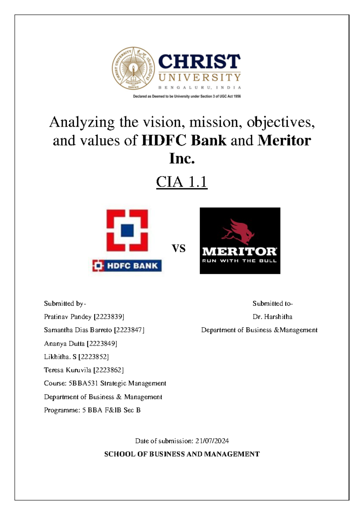SM CIA 1 - Strategic management CIA - Analyzing the vision, mission ...