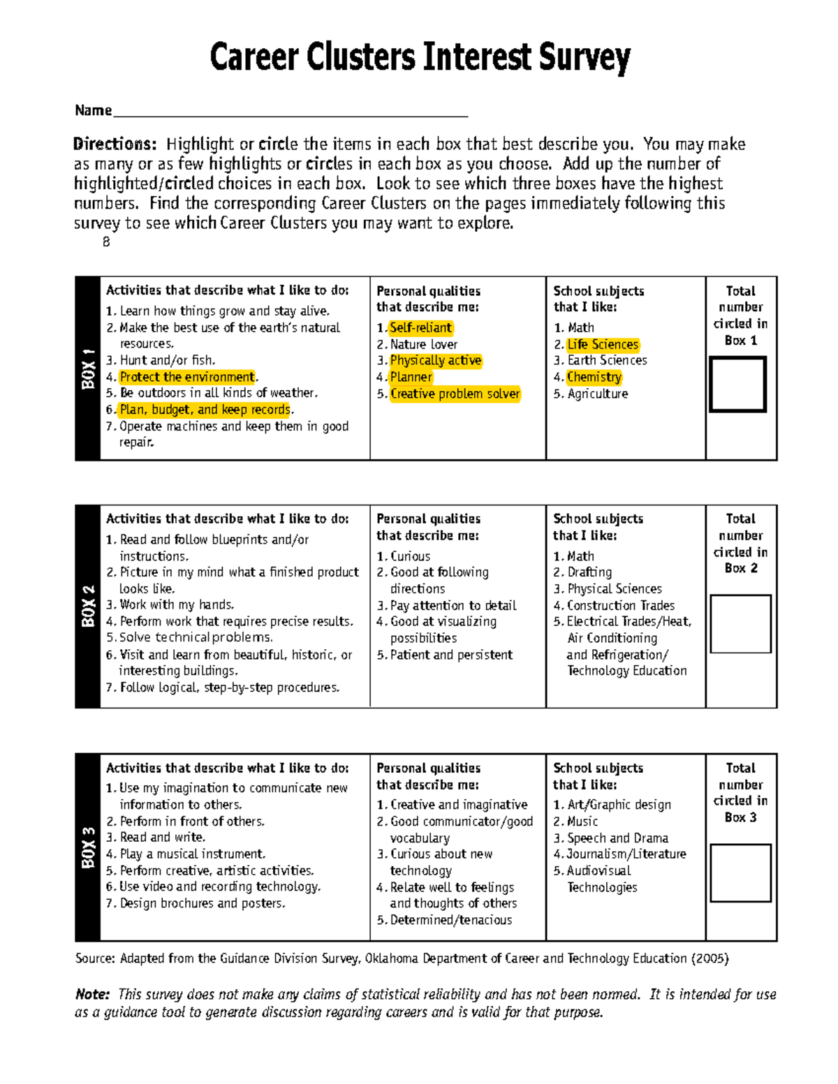 Student Interest Survey-English MJEdit - Career Clusters Interest ...