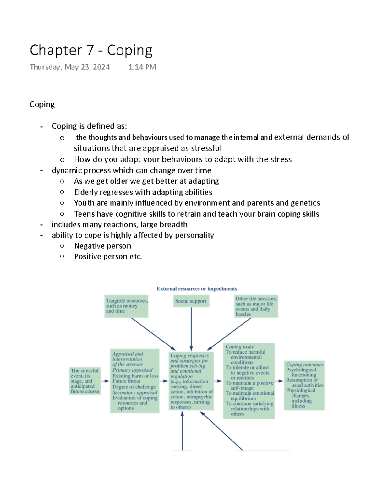 PSYC 2301 Health Psychology Lecture 7 Notes Coping - Coping Coping is ...