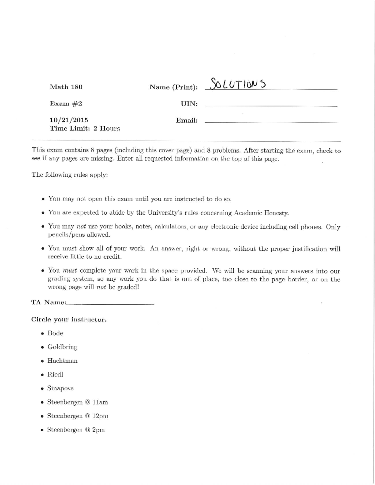 Math180 second fall2015 solutions - Math 180 Name (Print): SoLUT OMS ...